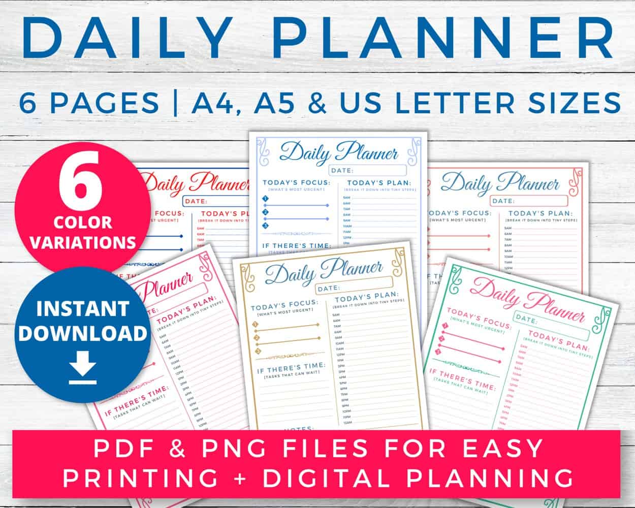 Printable Daily Planner - Minimal with 6 Color Variations - Inspired Fun