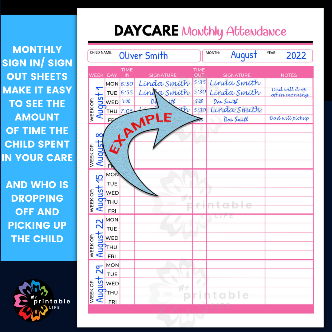 Daycare Monthly Attendance Form Sign-In Sign-Out Sheet Daycare ...