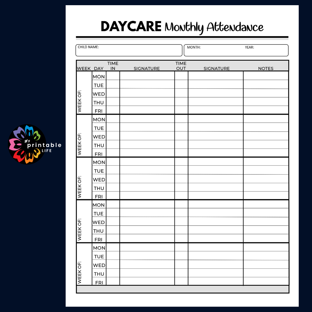 Daycare Monthly Attendance Form Sign-In Sign-Out Sheet Daycare ...