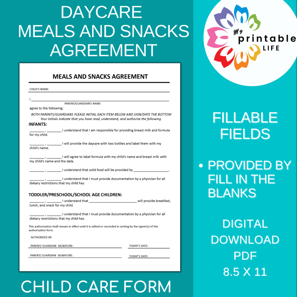 Daycare Meals and Snacks Agreement, Child Care Form - Inspired Fun