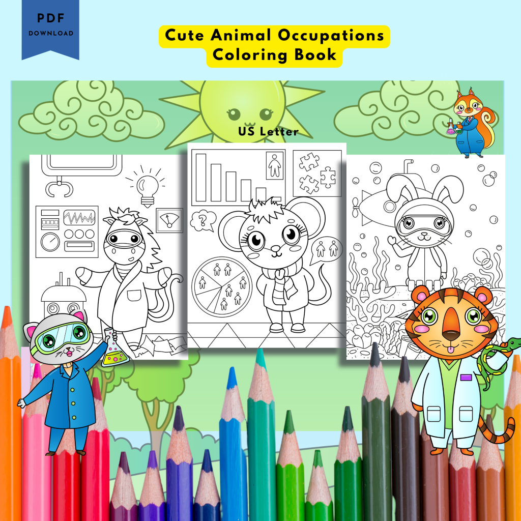 PRINTABLE COLORING - Cute Animal Occupations – Coloring Book - 30 ...