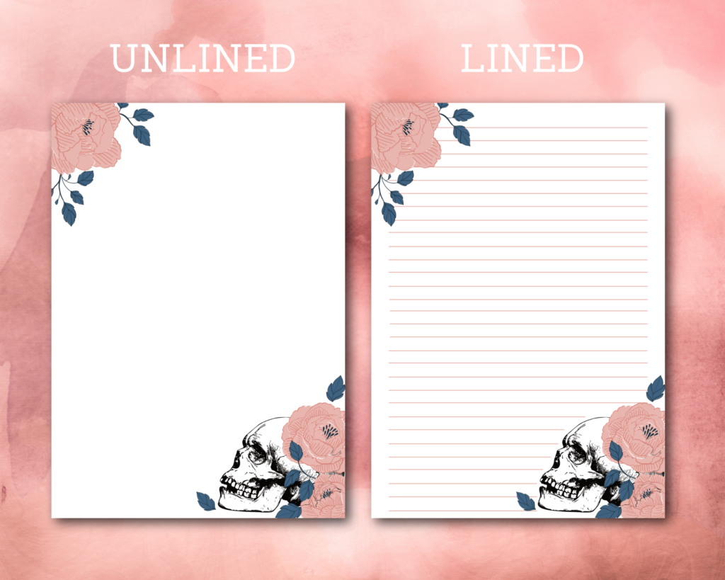 Printable Floral Skull Stationery - Gothic Note Paper, Halloween Spooky ...