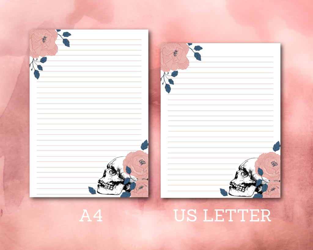 Printable Floral Skull Stationery - Gothic Note Paper, Halloween Spooky ...