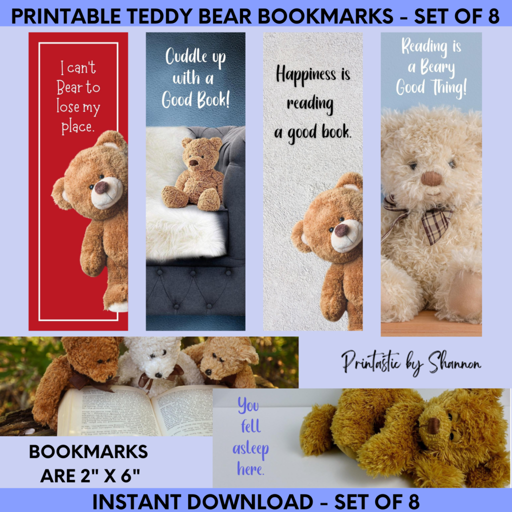 Teddy Bear Bookmarks, Set of 8, Printable - Inspired Fun