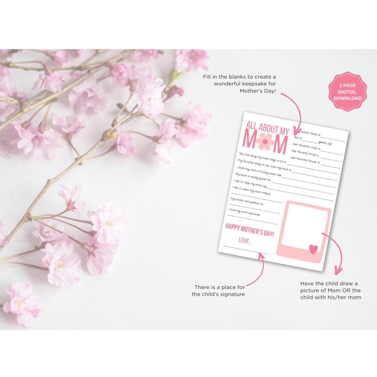 All About Mom Questionnaire - Pink, Mother's Day Printable Gift ...