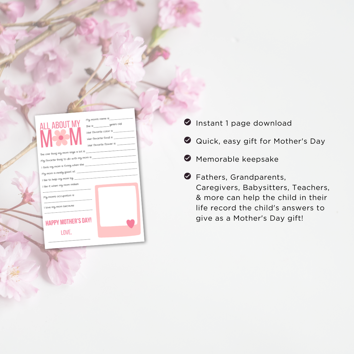 All About Mom Questionnaire - Pink, Mother's Day Printable Gift ...